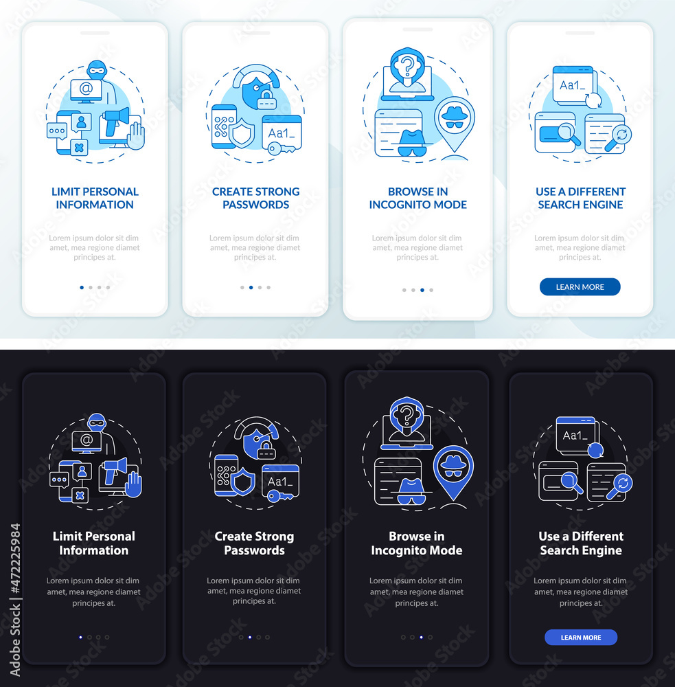 Cyber safety tips onboarding mobile app page screen. Data protection walkthrough eight four ...