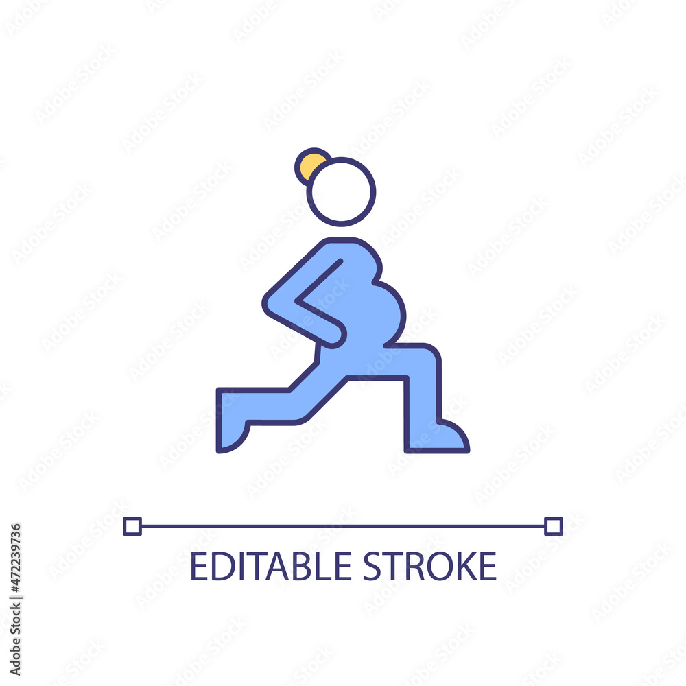Vetor de Expectant woman stretching hip flexors RGB color icon. Pain ...
