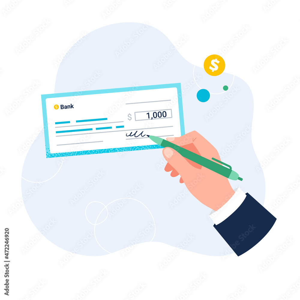 Hand fills empty fields on the bank cheque. Payment option concept ...