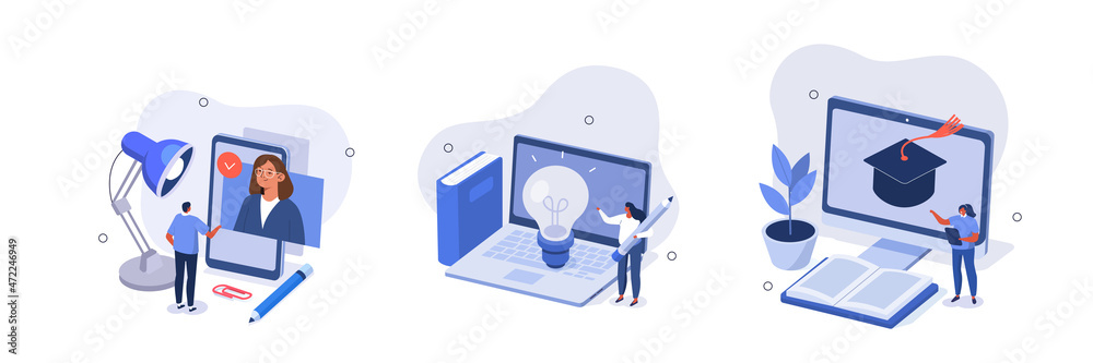 Self development illustration set. Characters educating online with ...