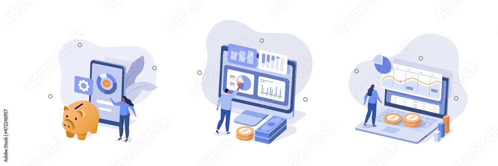 Financial illustration set. Characters investing money in stock market ...