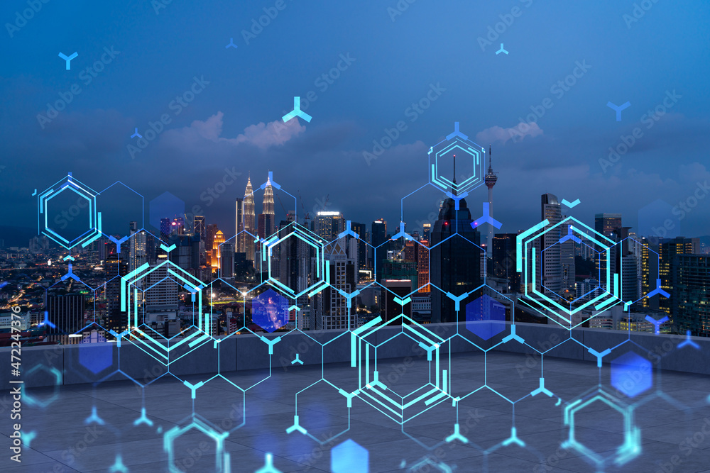 Rooftop with concrete terrace, Kuala Lumpur night skyline. Hi tech ...