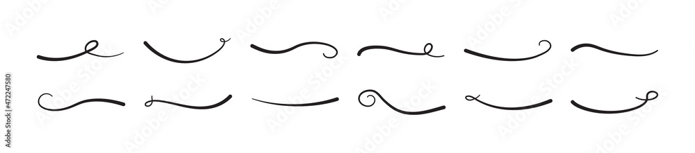 Swoosh and swash, swish vector line icon, black underline set, hand ...
