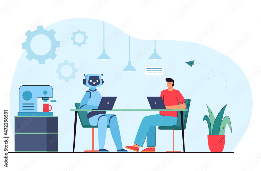 Human and humanoid robot team working together. Man and cyborg sitting ... Human and humanoid robot team working together. Man and cyborg sitting ...