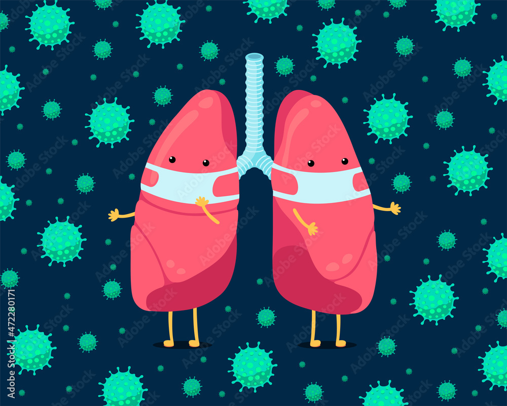 Cartoon lung character with breathing hygiene face mask and coronavirus ...