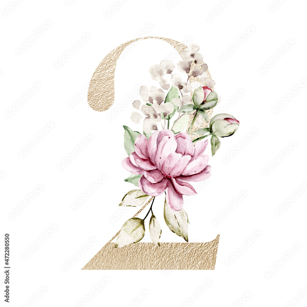 Gold number 2 with watercolor flowers peonies and leaf. Perfectly for ...