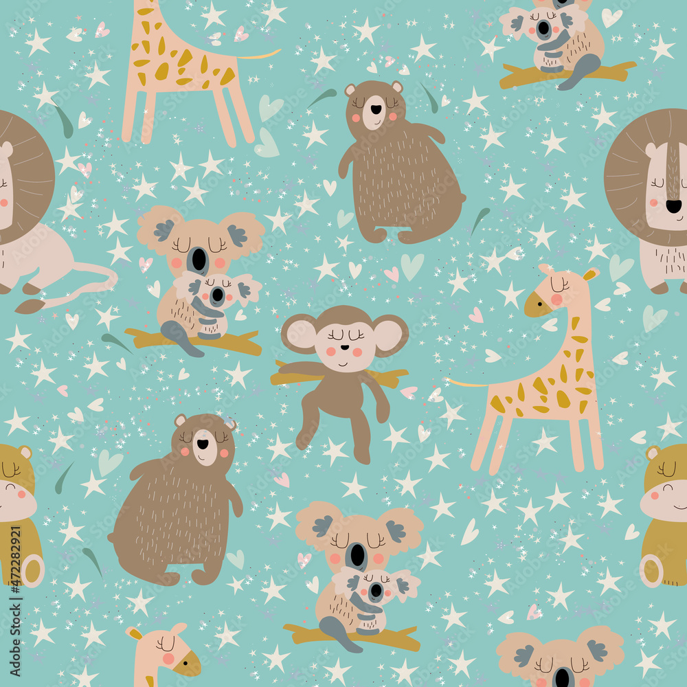 Safari animals seamless pattern with cute hippo, crocodile, lion ...