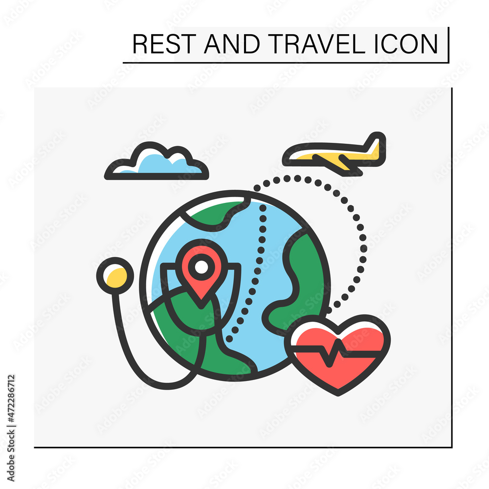 Health tourism color icon. Medical traveling to another country to get ...