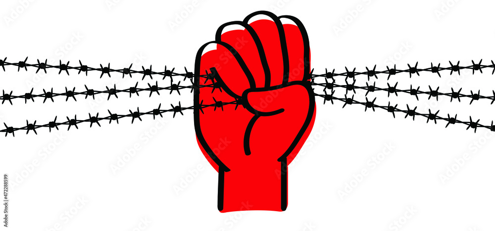 Protest symbol. World refugee day, Cartoon hand holding barb wire ...