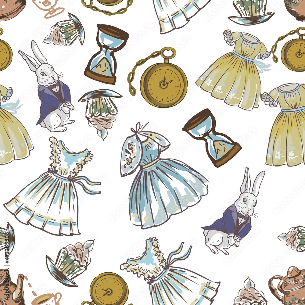 alice fairy tale dresses rabbit clock graphics vector hand drawn print ...