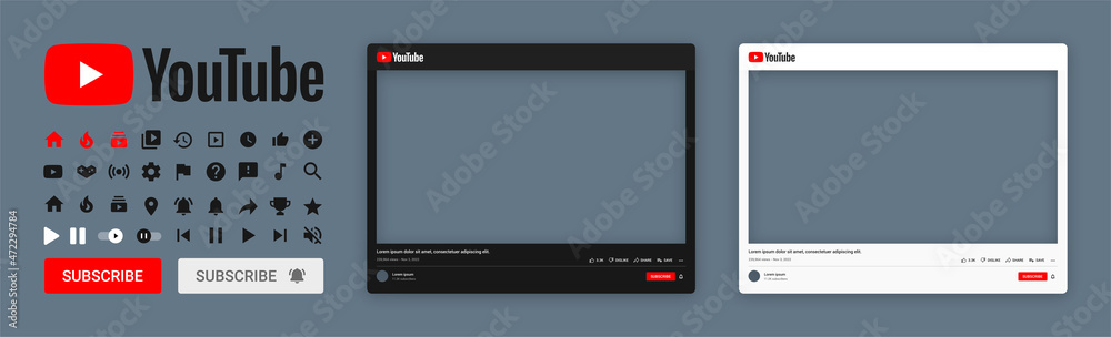 Youtube app template blank video frames vector set. Realistic Youtube ...