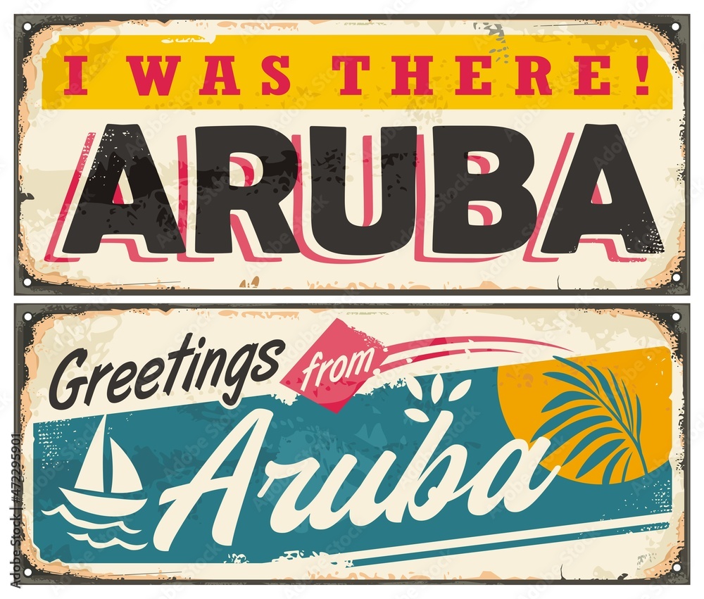 Greetings from Aruba, retro souvenirs signs set. Aruba card designs ...