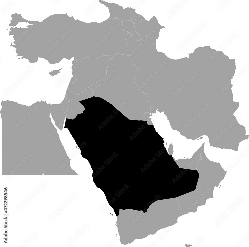 Black Map of Saudi Arabia inside the gray map of Middle East region of ...