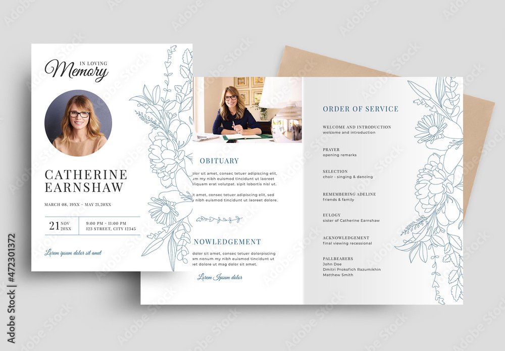 Modern Funeral Program Memorial Service Obituary Layout with Blue ...