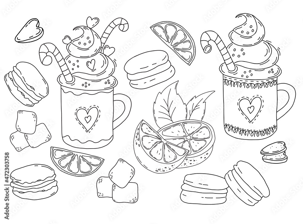 Collection of desserts in style of hand-drawn linear doodles. Cup with ...