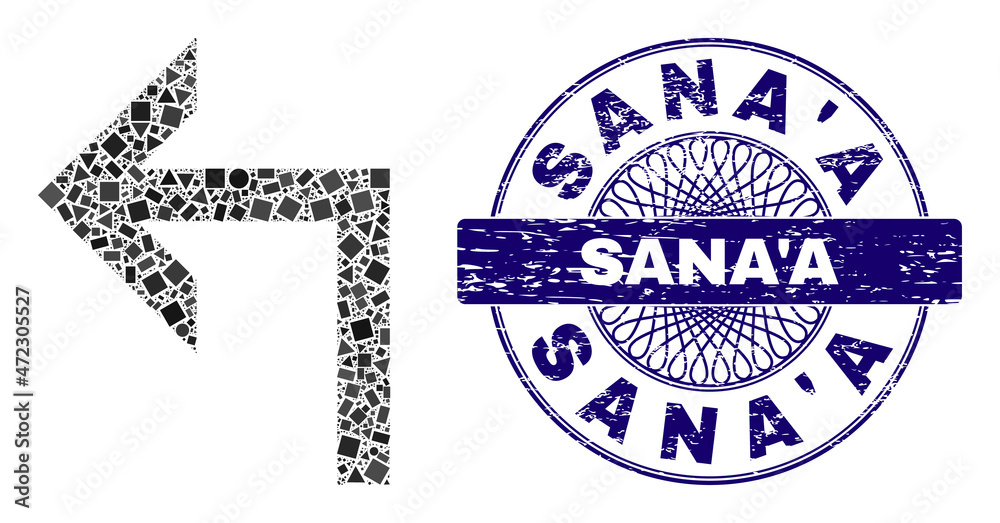 Geometric collage turn left, and Sana'A scratched seal print. Blue ...