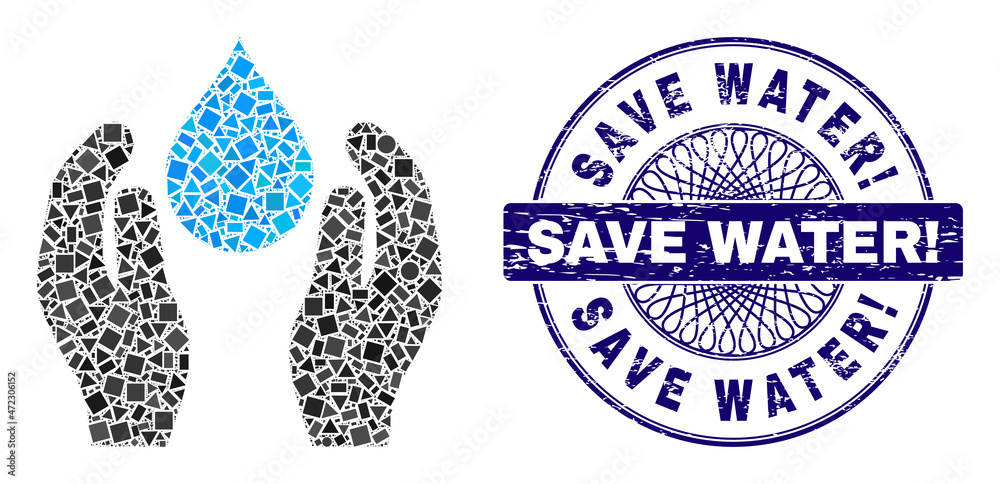 Geometric mosaic water care, and Save Water! textured seal print ...