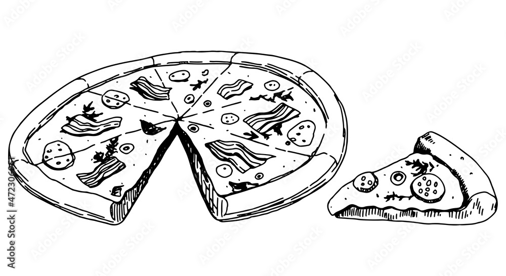 Tasty pizza sketch. Hand drawn vector illustration in retro style ...