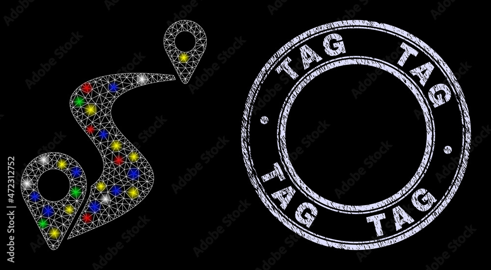 Glossy polygonal mesh web route markers icon with glow effect on a ...