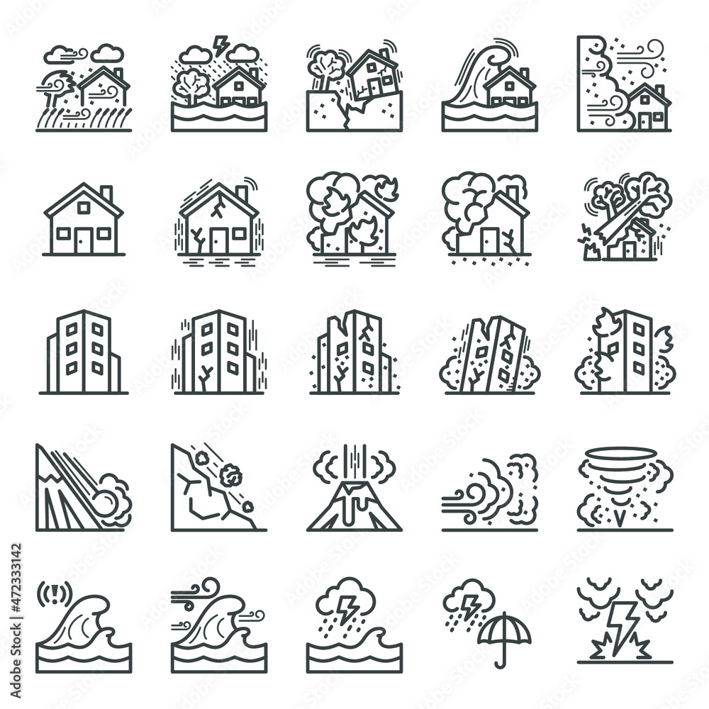 Natural Disaster, Vector illustration of thin line icons for Natural ...