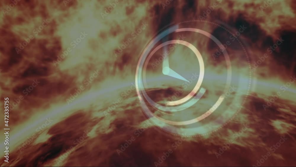 Animation of planet earth, solar system and space over clock ticking ...