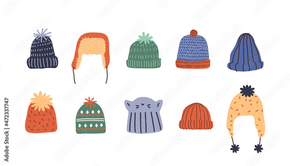 Cute winter knit hats and caps. Hand drawn vector colorful funny ...