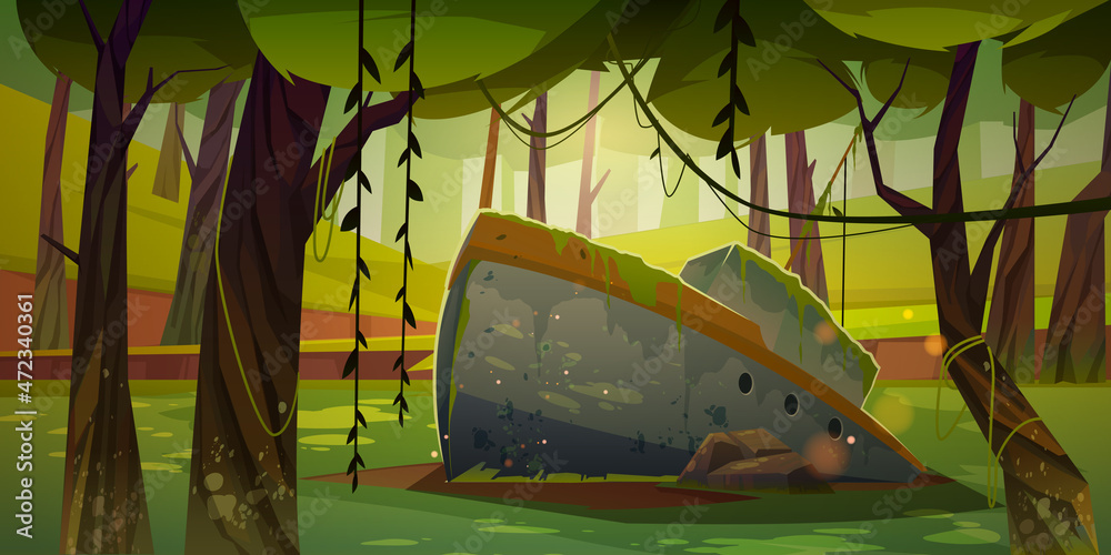 Old sunken ship covered with moss stuck in ground in deep forest ...