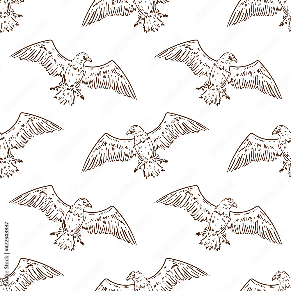 American Bald Eagle Soaring in Sky Seamless Pattern. Vector Black and ...