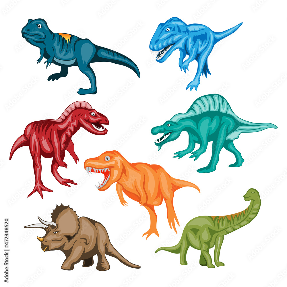 Clipart set of cute colored dinosaurs. T-rex, diplodocus, triceratops ...