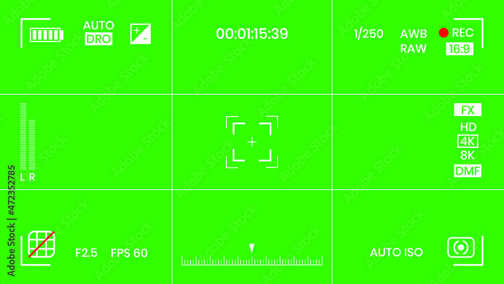 Green colored chroma key camera rec frame viewfinder overlay background ...