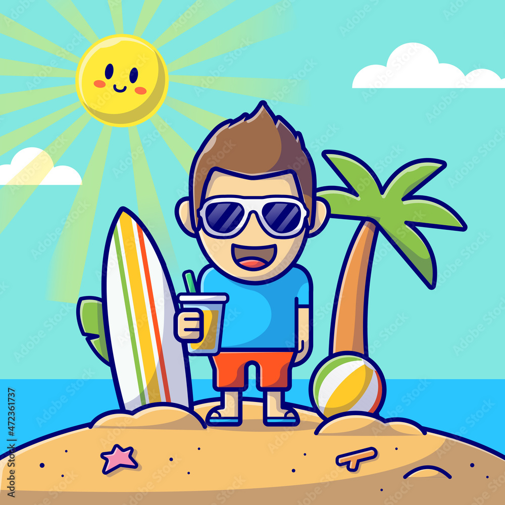 Cute Boy On the Beach In Summer Day Cartoon Vector Icon Illustration ...