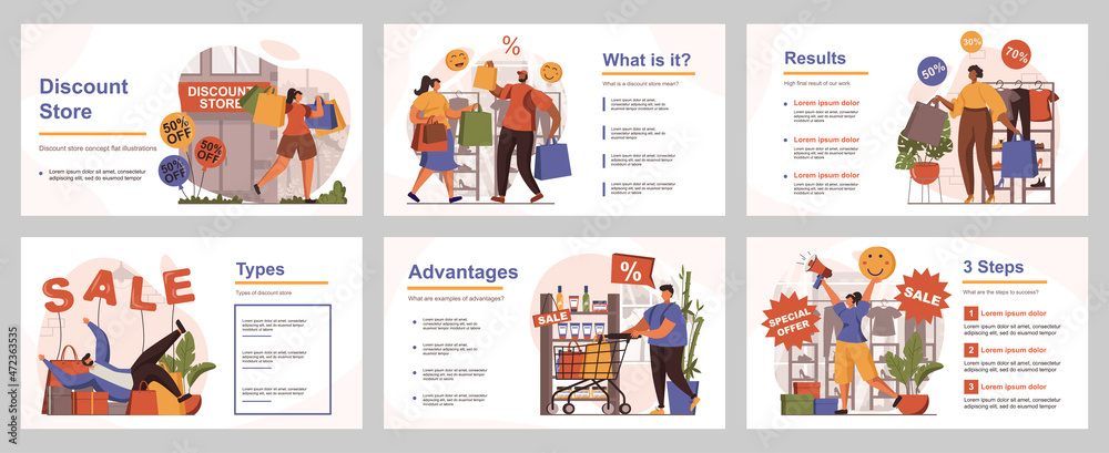 Vetor de Discount store concept for presentation slide template. People ...