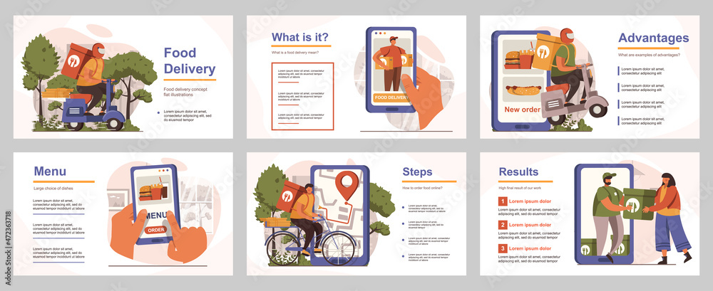 Food delivery concept for presentation slide template. People making ...