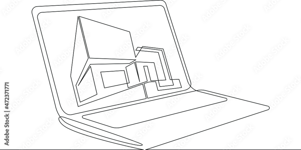 One continuous line.Modern house on the computer screen. Fashionable ...