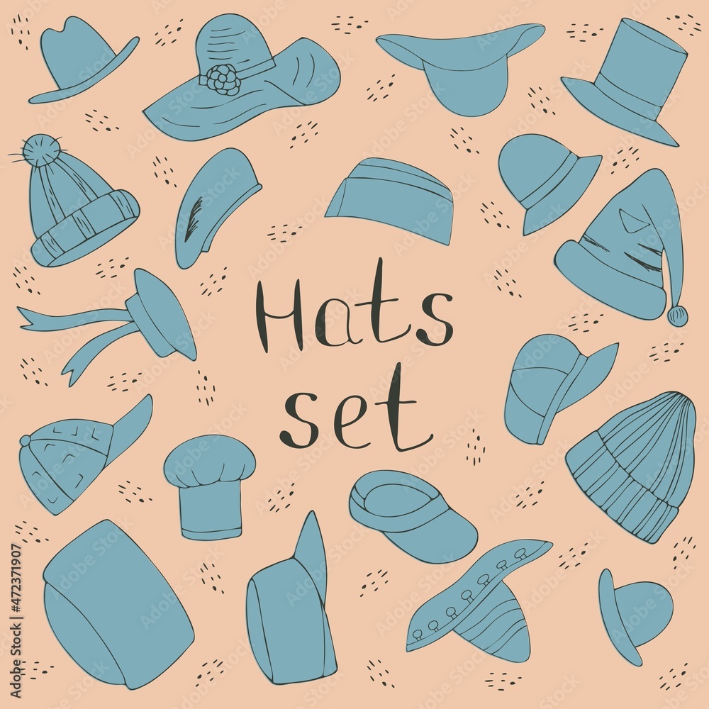 Hats collection, vector sketch illustration. Different types of blue ...