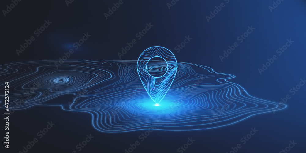 Abstract glowing map geoposition with marker on dark blue texture ...
