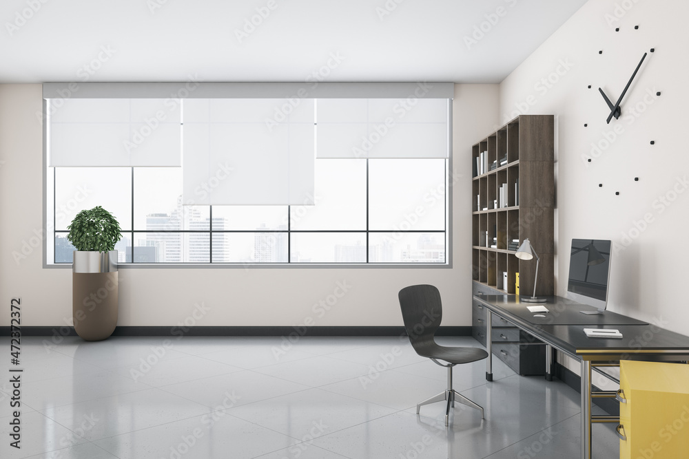 Side view of modern white office interior with bookcase, window with ...