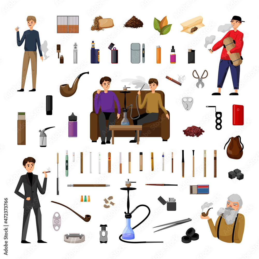 Collection of illustrations on the theme of smoking. All types of ...