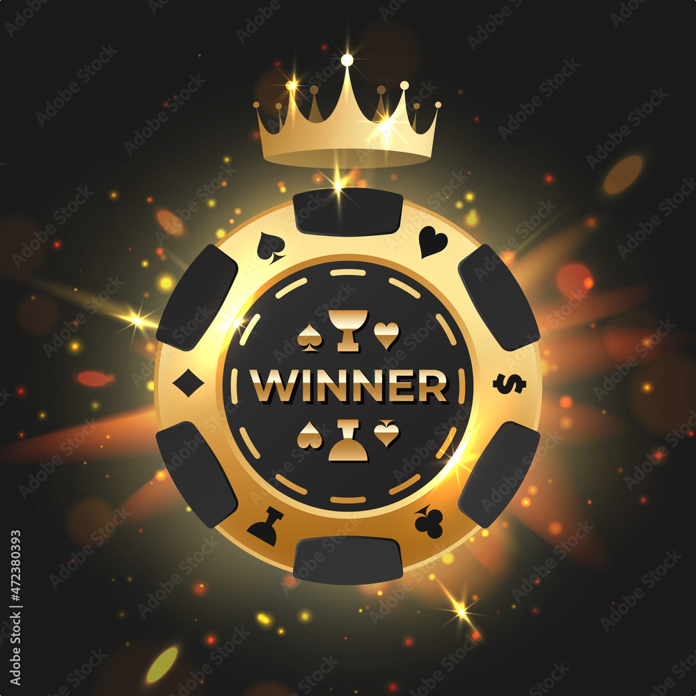 Black poker chip, gold letters Winner with golden light, rays, glare ...