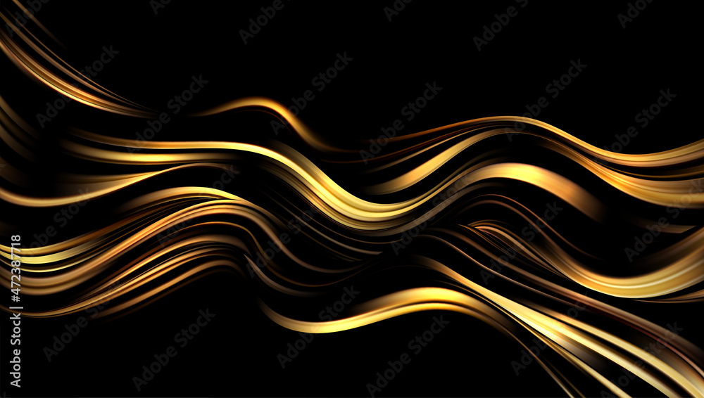 Abstract Waves. Shiny gold moving lines design element on dark ...