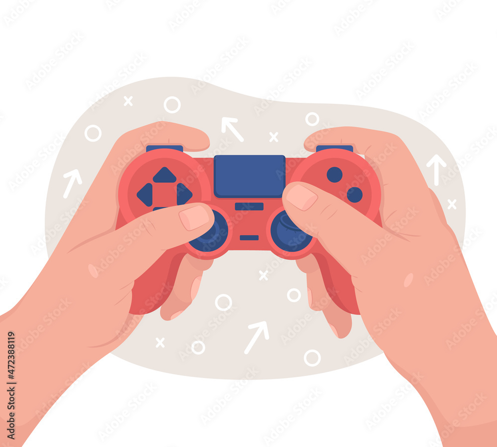 Playing with gamepad 2D vector isolated illustration. Gamer controlling ...