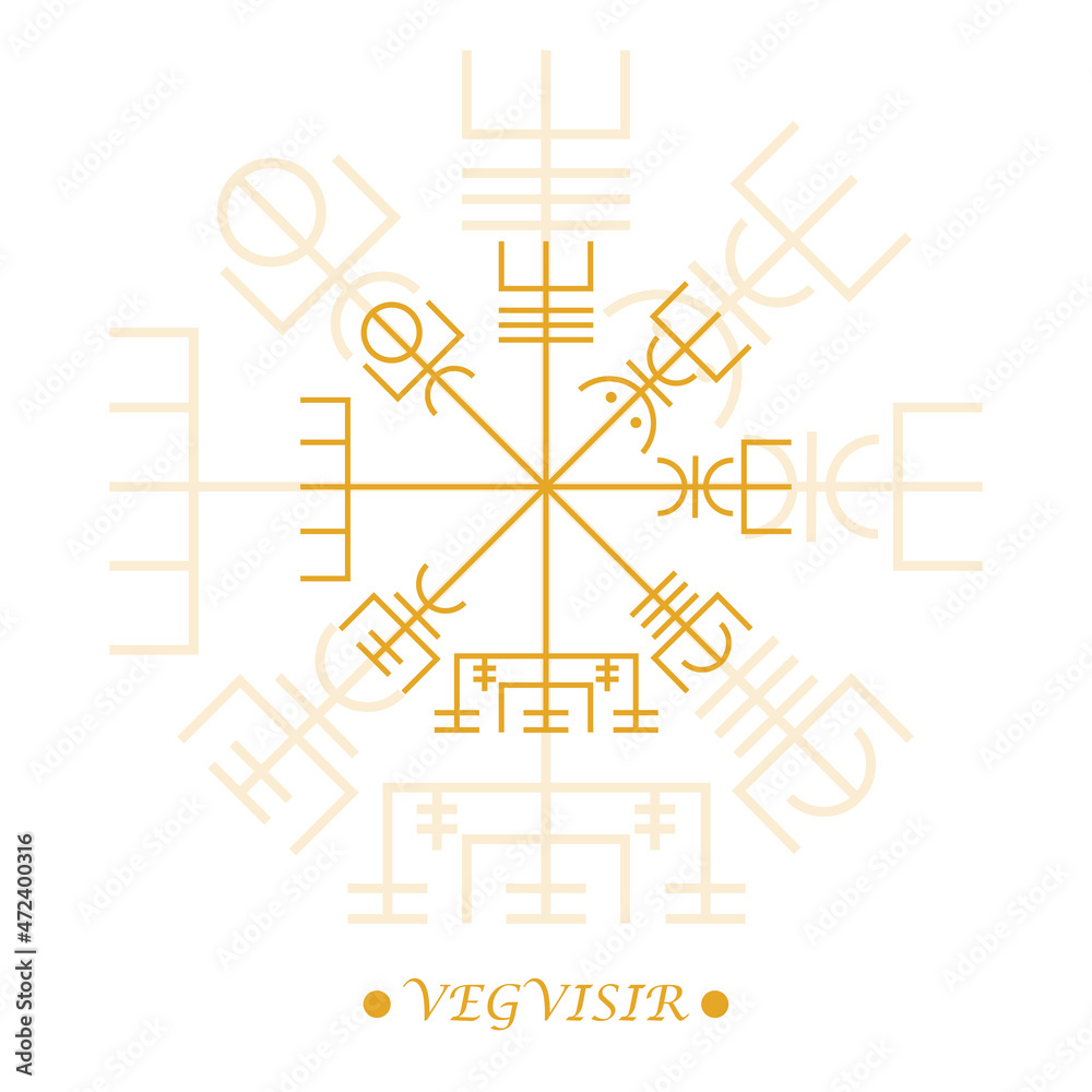Vegvisir symbol, runic compass. Nordic viking compass in golden color ...