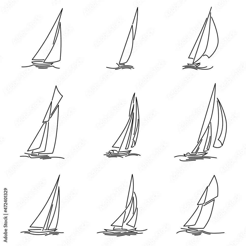 Set of simple vector images of sailing yachts with triangular sails on ...