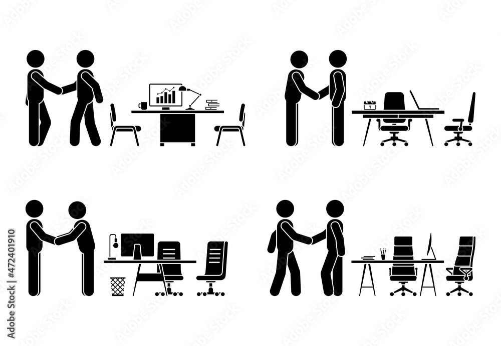 Stick figure business men shaking hands, negotiating vector icon set ...