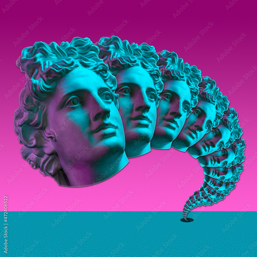 Collage with many plaster antique sculpture of human face in a surreal ...