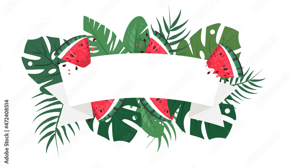 Beautiful frame with juicy watermelons and tropical leaves. Background ...