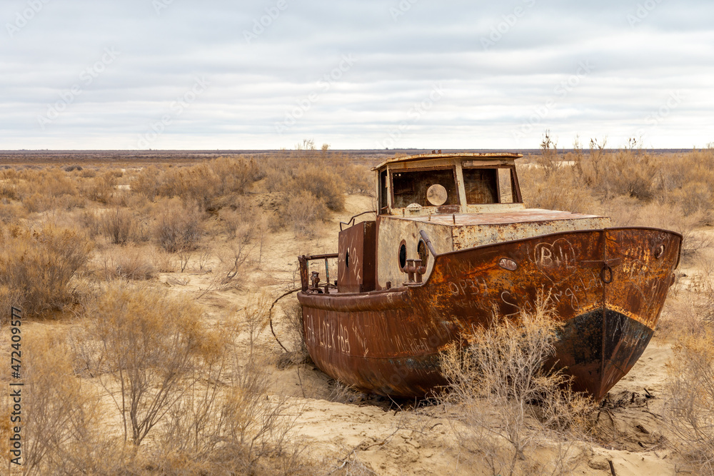 Aral sea monument. The graveyard of ships. Muynak (or Moynaq) city ...