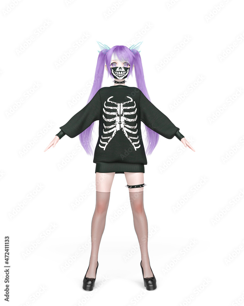 street girl wearing a skeleton outfit on kwaii anime style on white ...