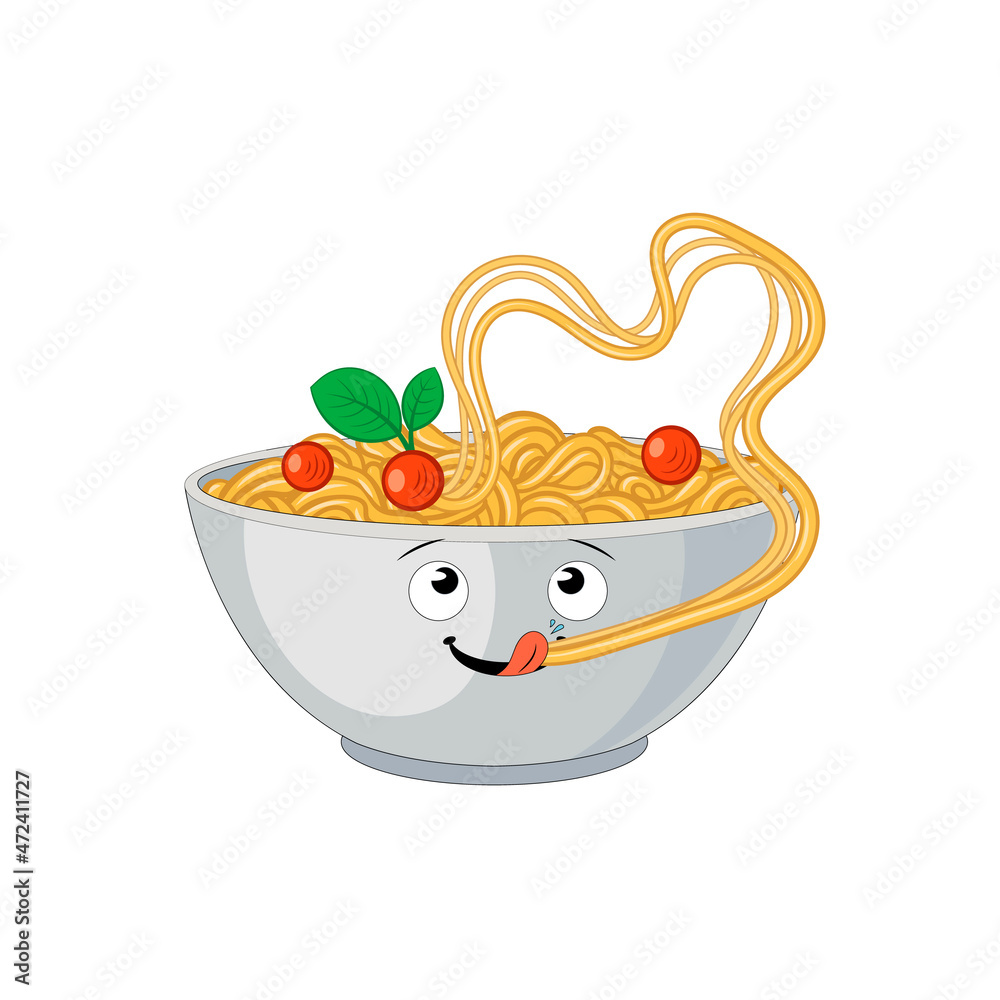 Cartoon Pasta in a Bowl, Cute Illustration Isoalted on White Background ...