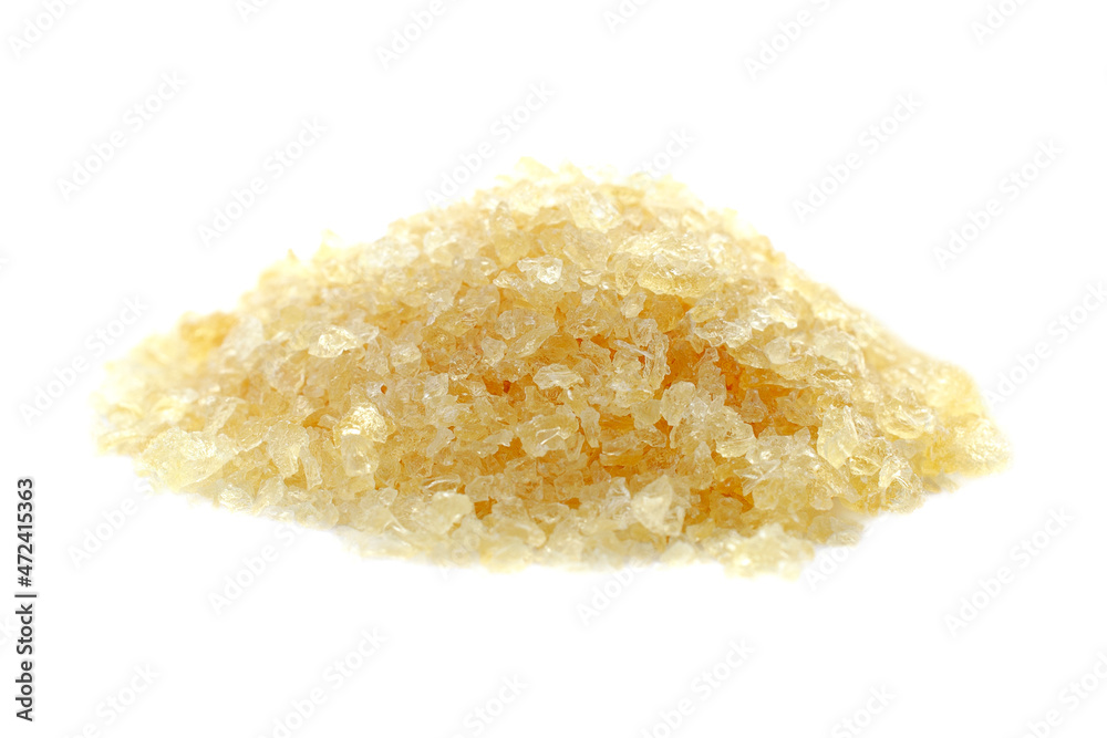 Gelatin, yellow powder isolated on white background, top view. Dry ...